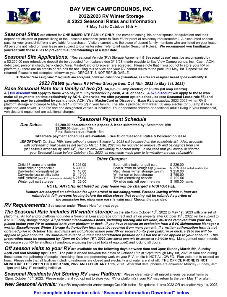Seasonal Info - Bay View CampgroundBay View Campground