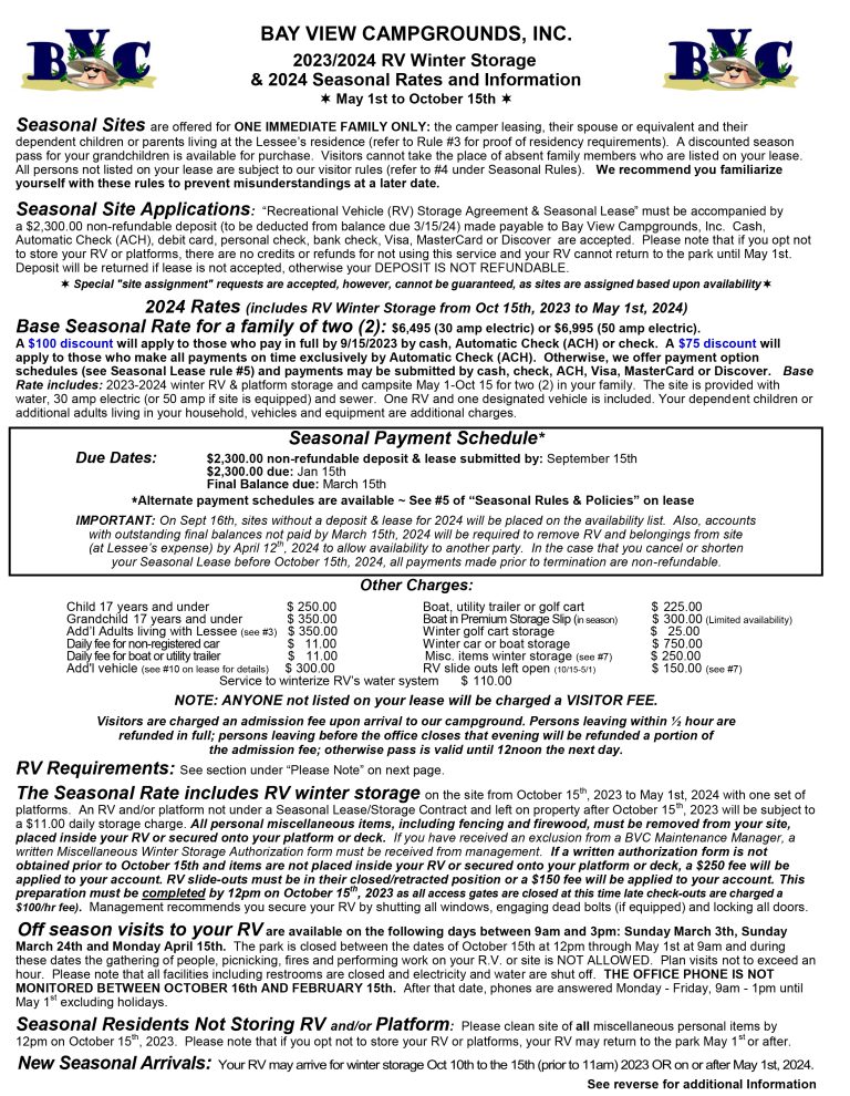 Seasonal Info - Bay View CampgroundBay View Campground