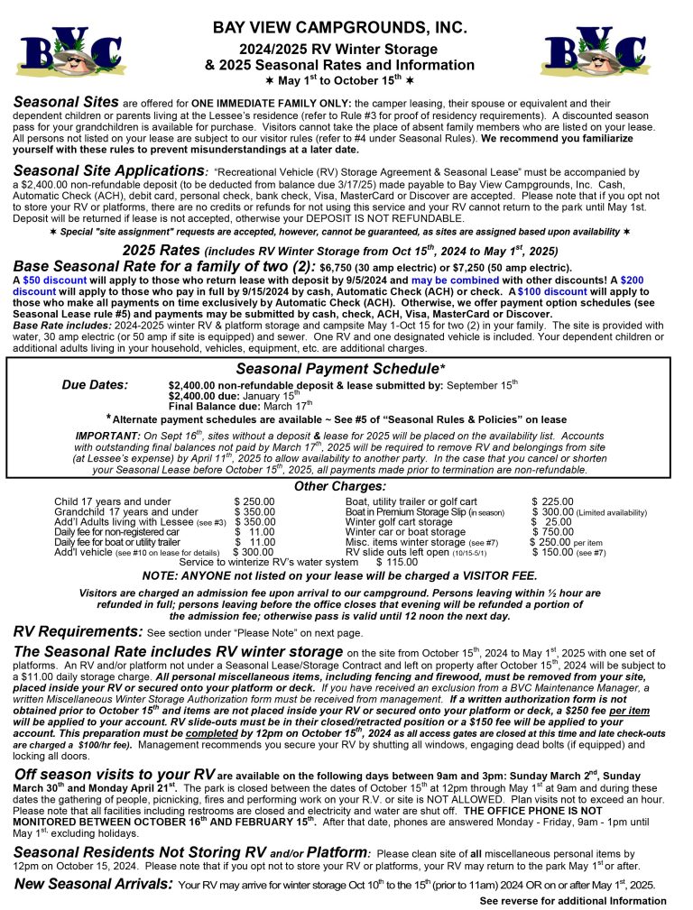 Seasonal Info - Bay View CampgroundBay View Campground
